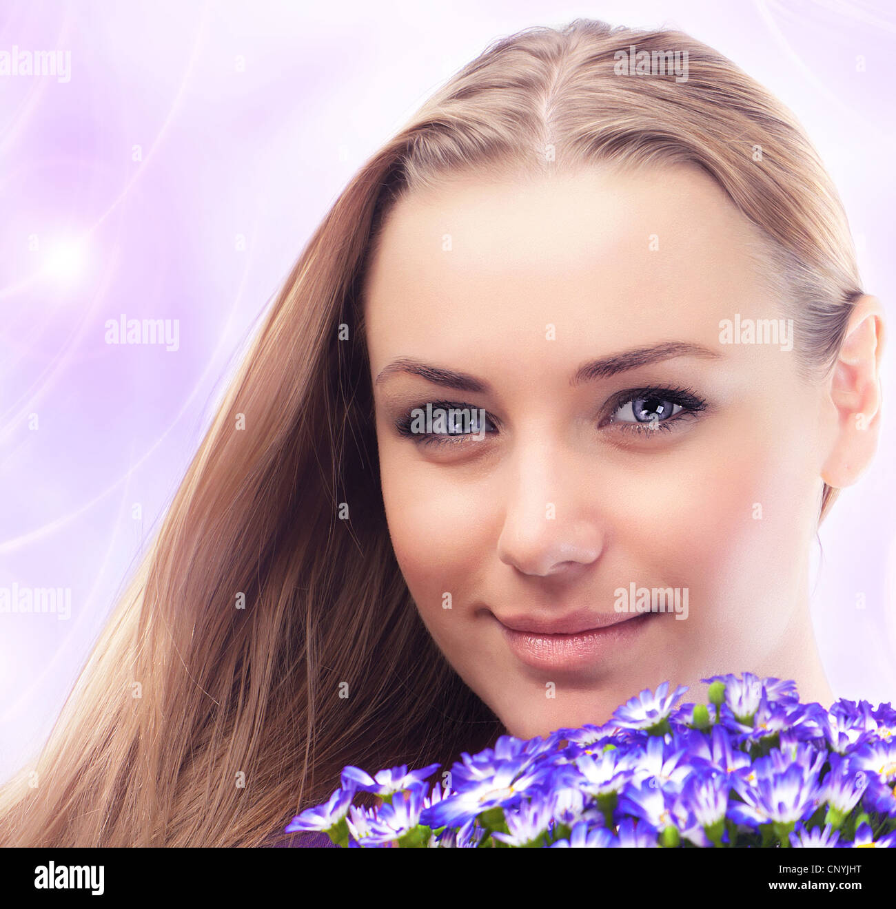 Girl face with bouquet of spring plant, bunch of purple cornflowers ...