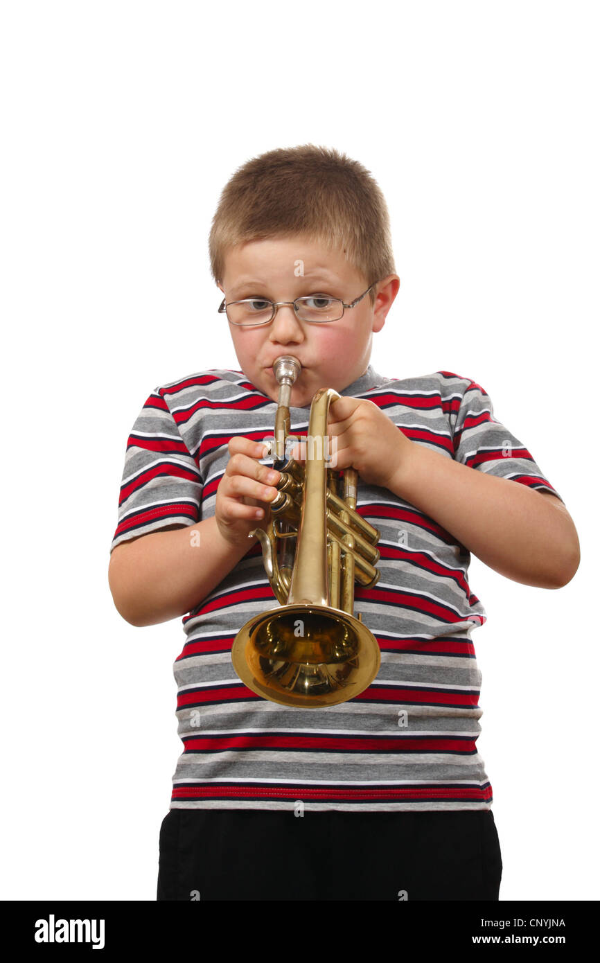 Boy Blowing Trumpet photo on the white background Stock Photo - Alamy