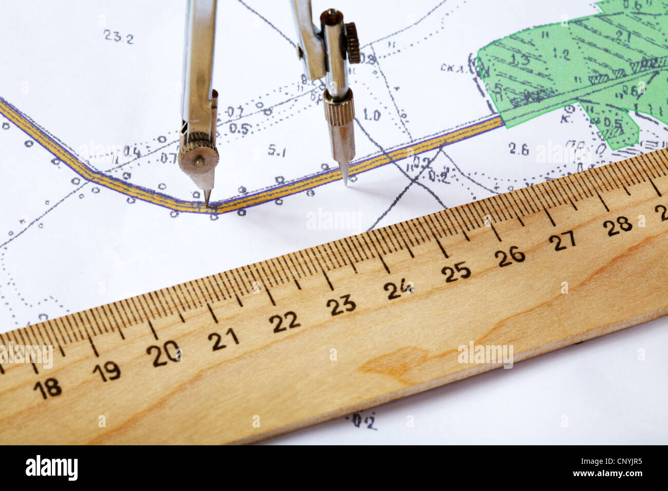 Topographic map of district with measuring instrument and ruler Stock ...
