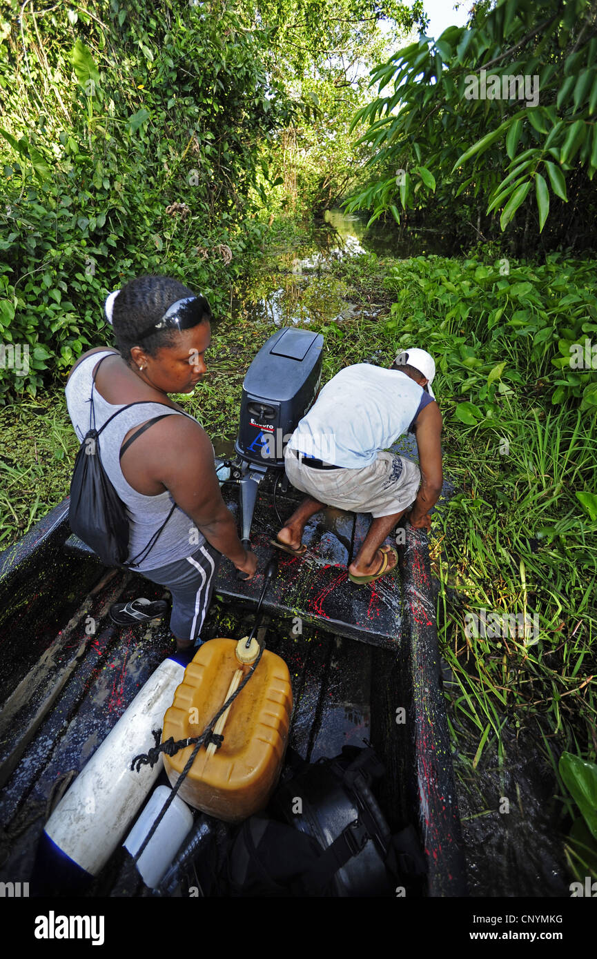 breakdown during a boat tour through a mangrove forest, Honduras, La ...