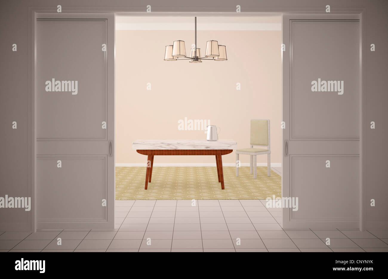 The table and chair from the open door Stock Photo - Alamy