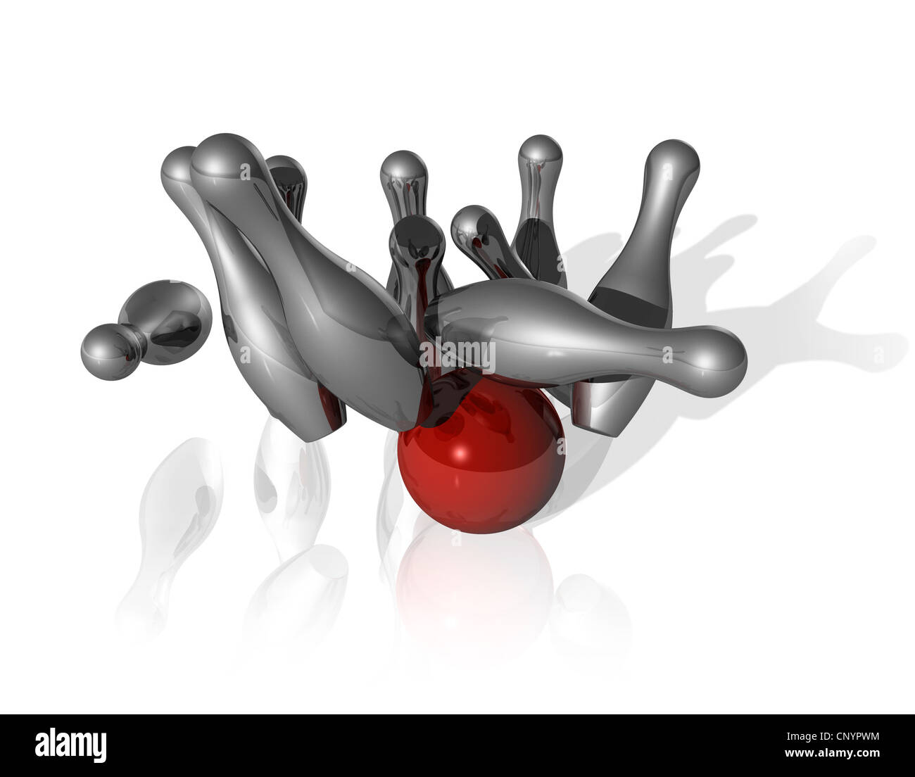 ten metal bowling skittles and red ball on white background - three ...