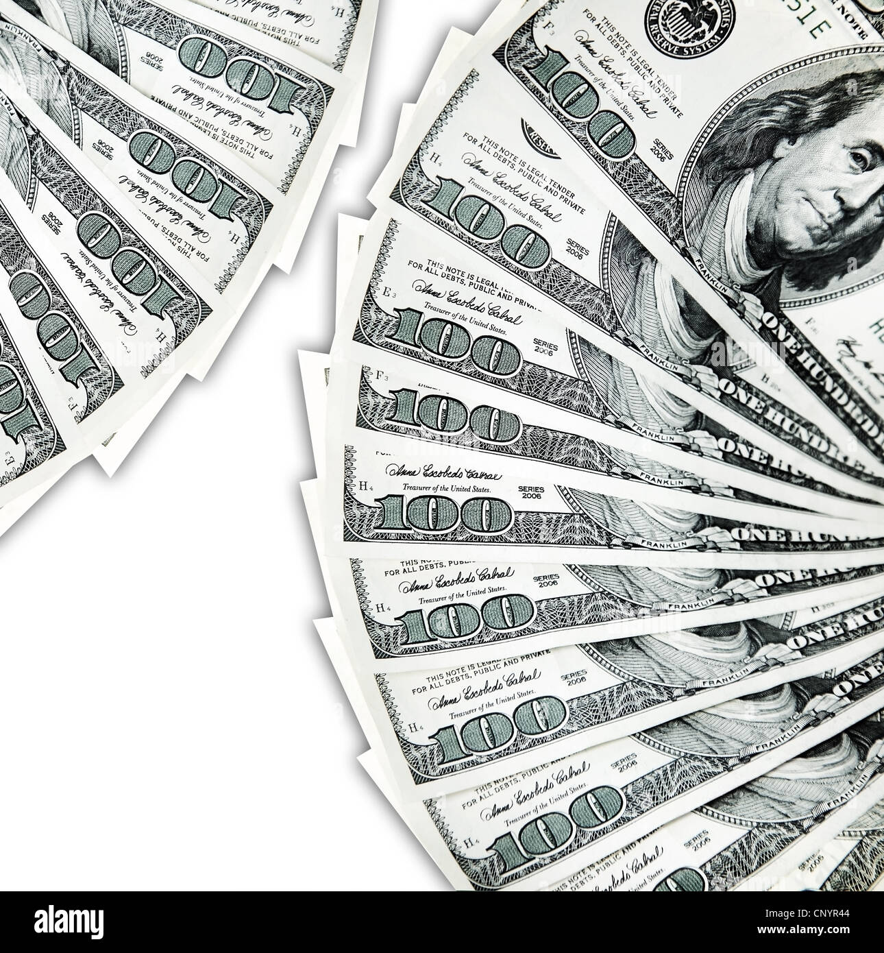 Hundred dollar banknotes isolated on white background, conceptual image ...