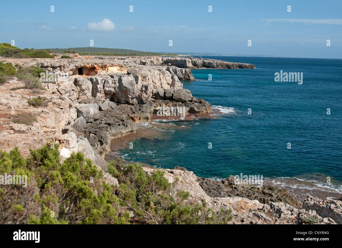The southern rocky coastline cliffs of the Balearic island of Menorca ...