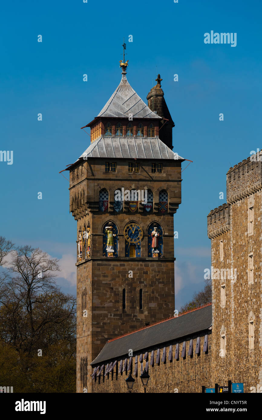 Cardiff castle Clock tower on sunny day Stock Photo - Alamy
