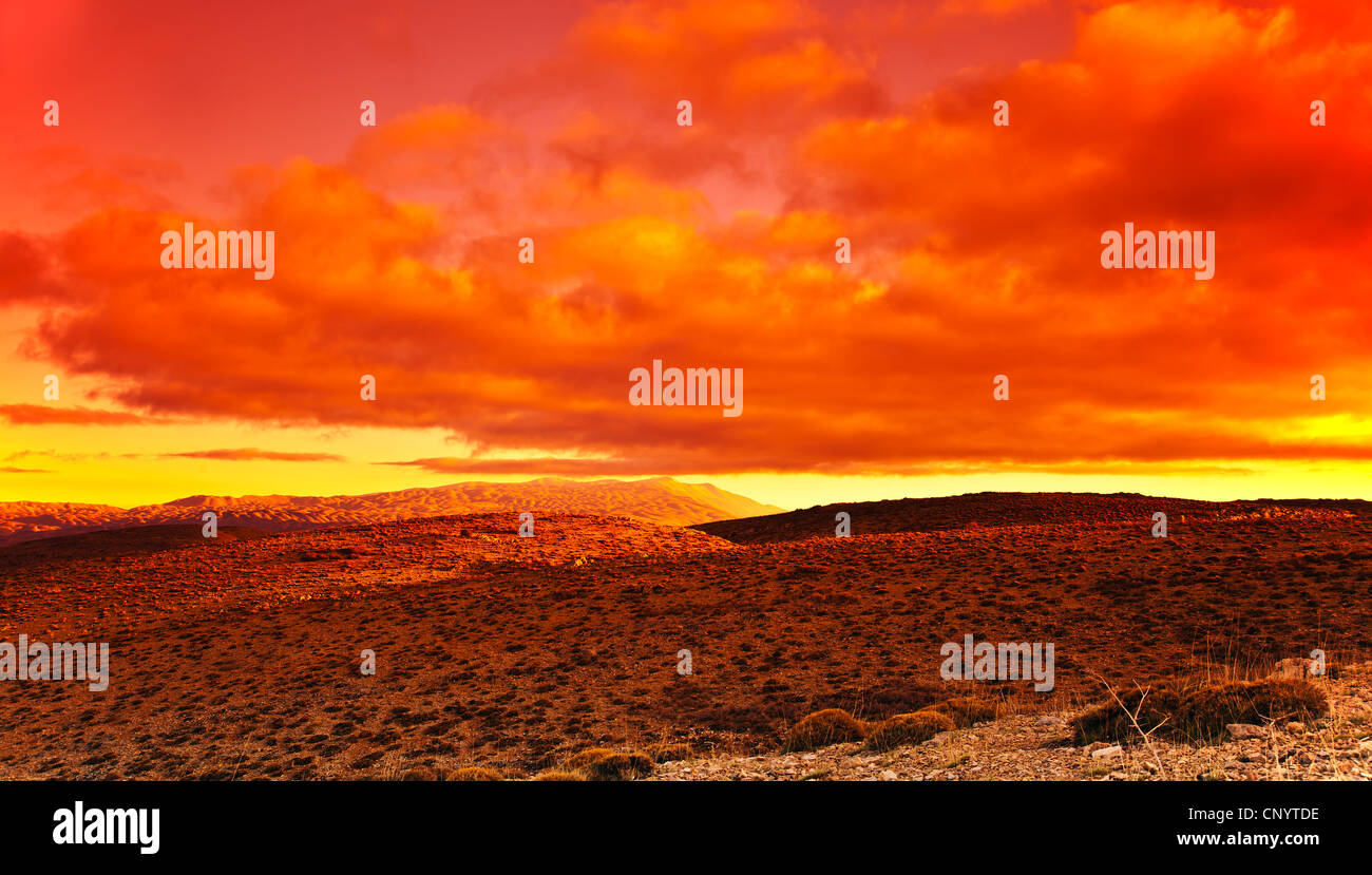 Dramatic red sunset at desert, beautiful natural landscape with ...