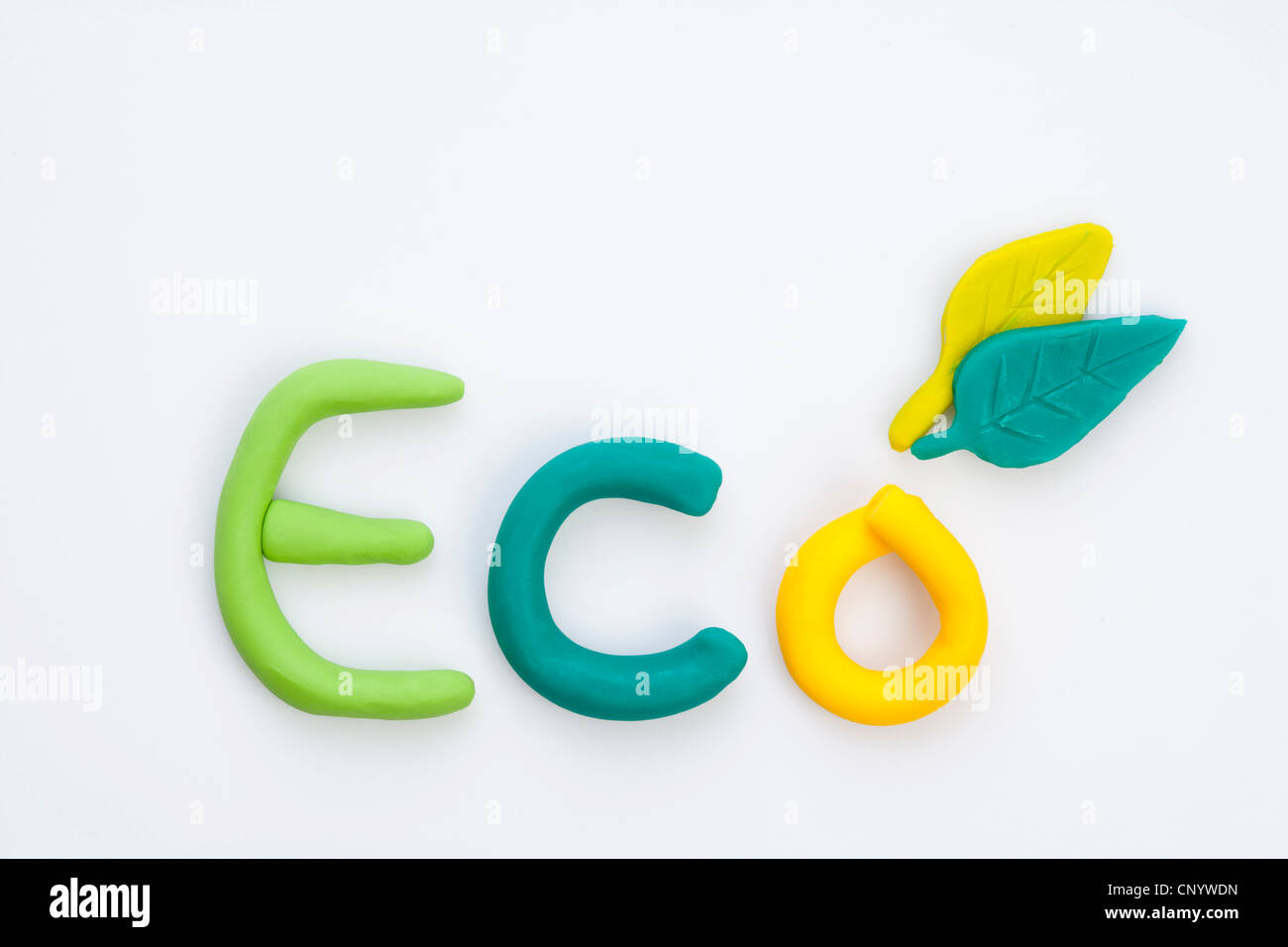 The colorful clay 'Eco' with green leaves clay Stock Photo - Alamy