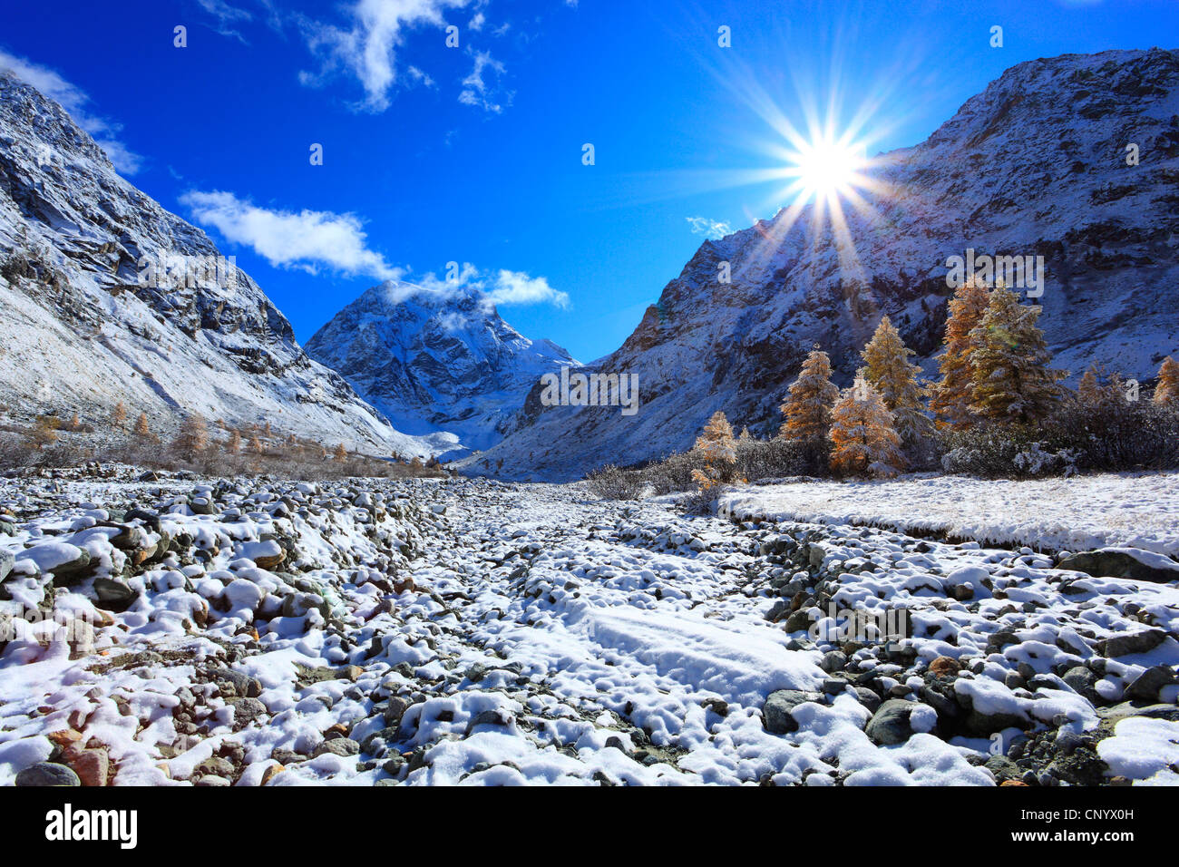 view through the snow covered Arolla Valley at the Mont Collon (3637 m ...