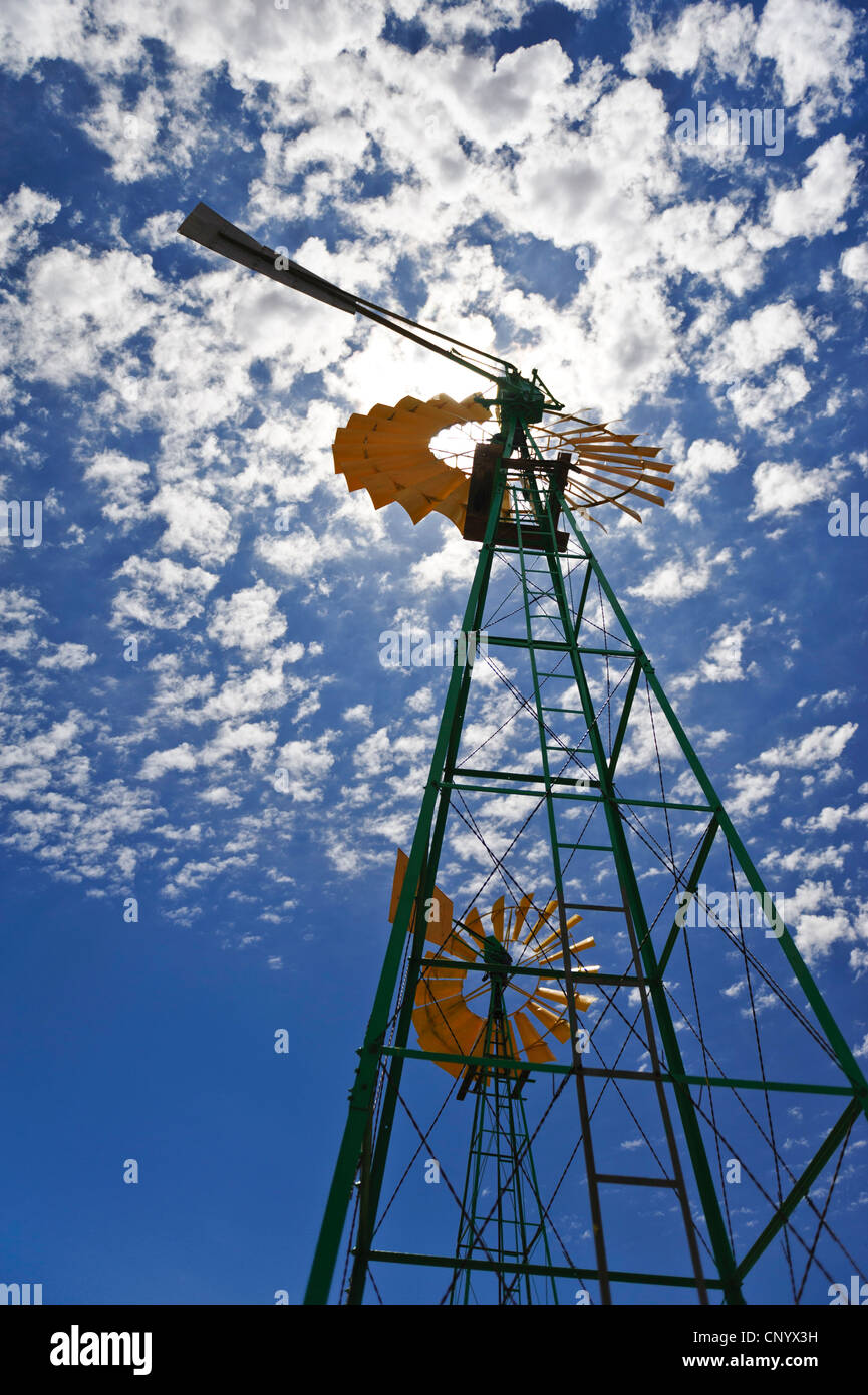 Two yellow coloured windmills seen from below , Namibia Stock Photo - Alamy