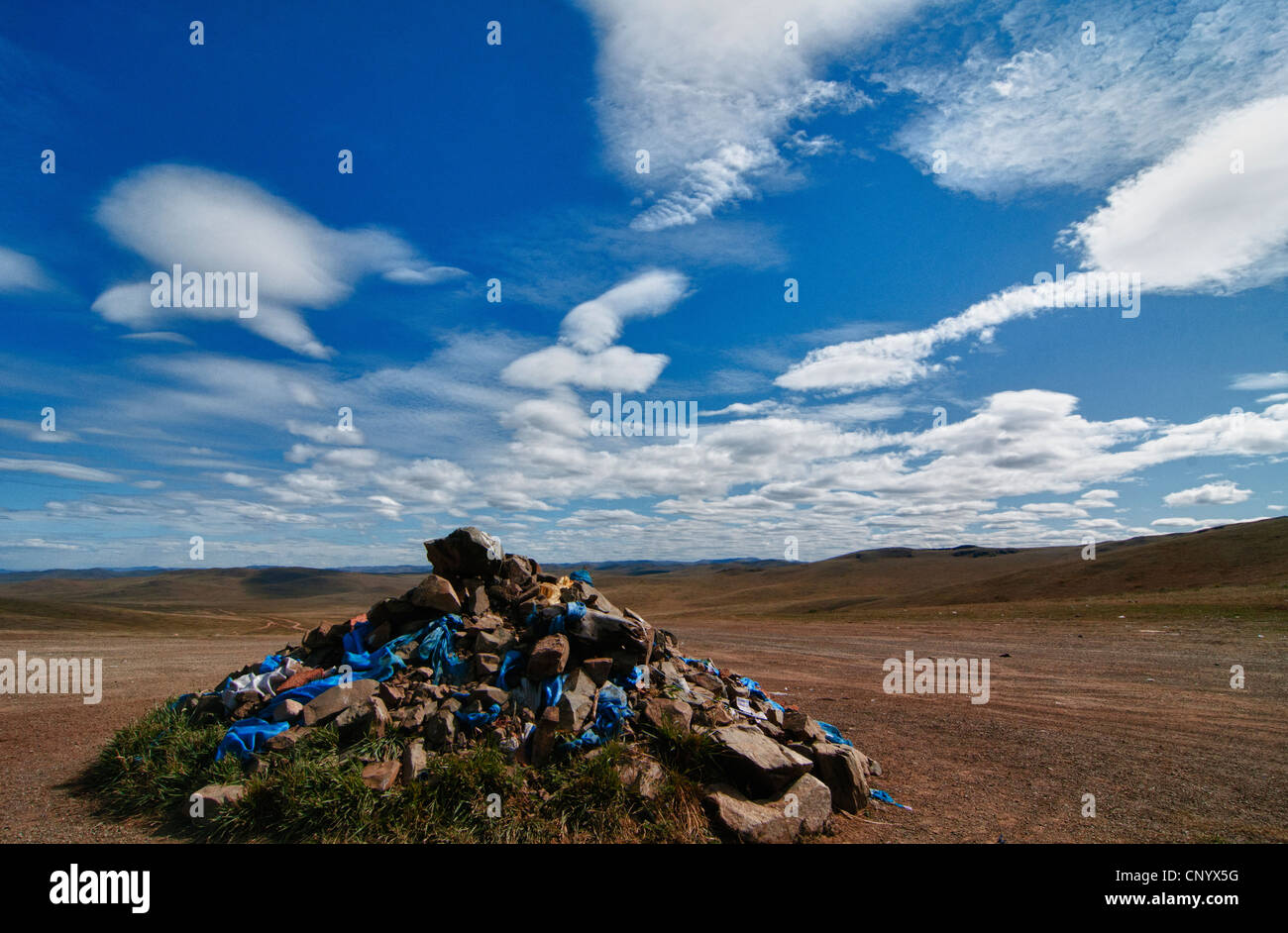 big landscape and sacred ovoo prayer stones in the Orkhon River Valley ...
