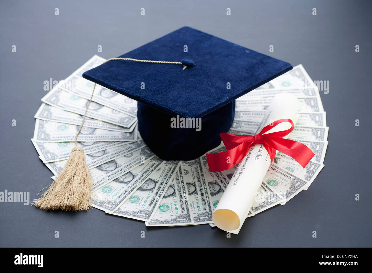 The graduation cap and diploma on the money Stock Photo - Alamy