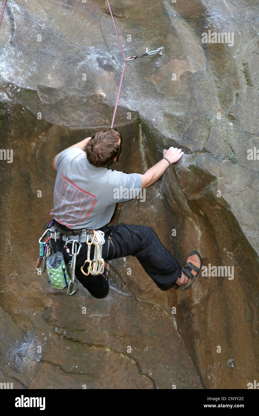 training for alpine climbing at a rock wall, Germany, North Rhine ...