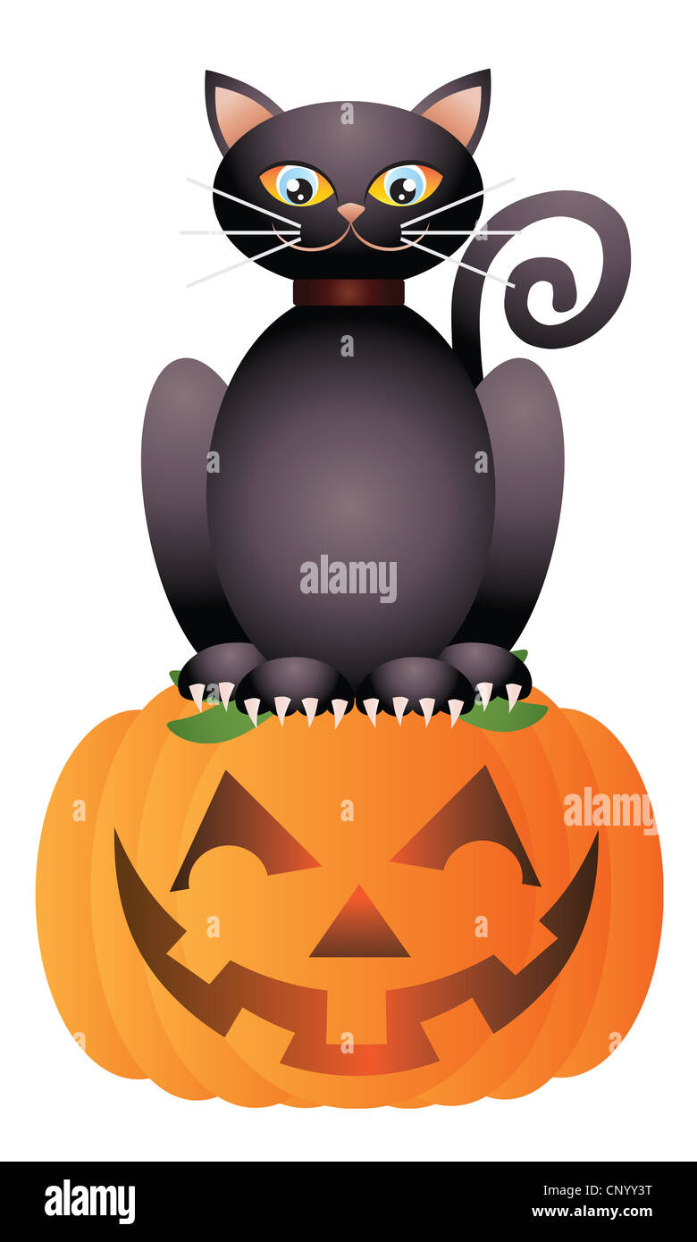 Halloween Black Cat Sitting on Jack-O-Lantern Pumpkin Illustration ...