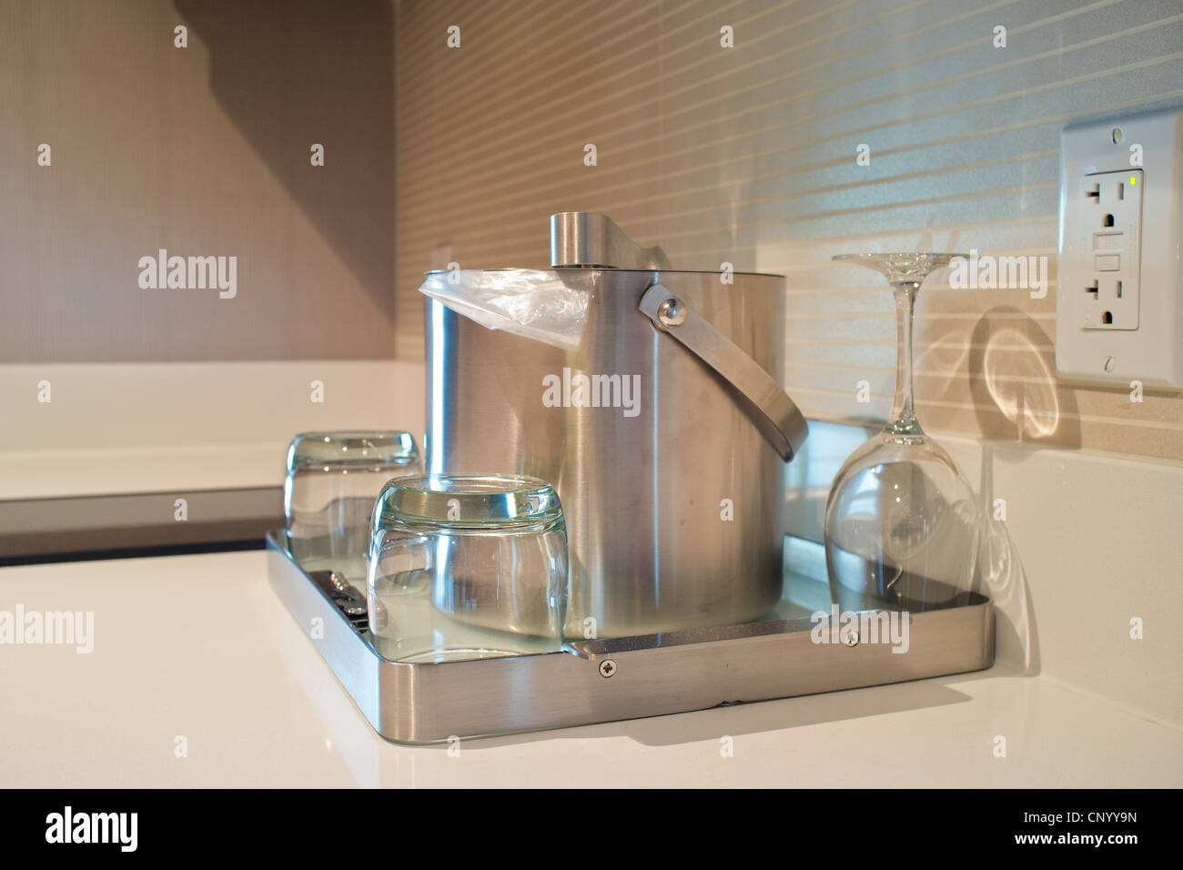 Refreshment tablet with ice cooler and glasses at a hotel room Stock ...