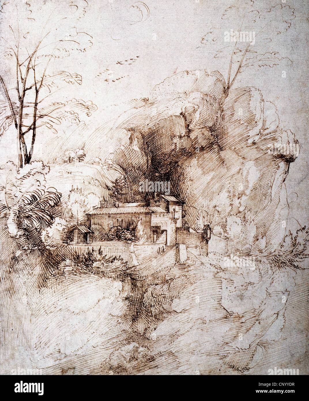 fine arts, Fra Bartolommeo (1472 - 1517), monastery in rocky landscape ...