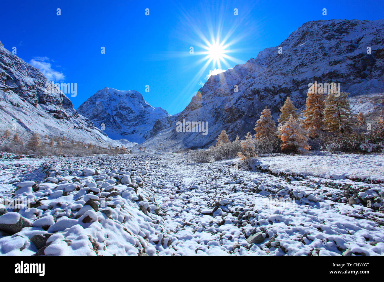 Arolla valley and Mount Collon in snow, Switzerland, Valais Stock Photo ...