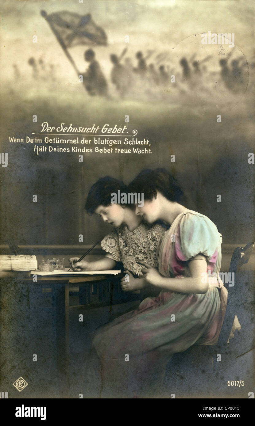 kitsch, postcards, "Der Sehnsucht Gebet", mother and daughter writing ...