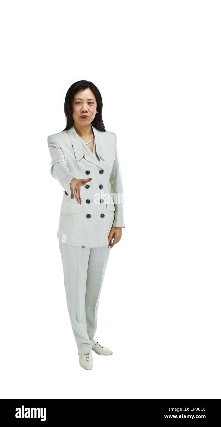 Asian woman dressed in business formal white outfit with hand extended ...