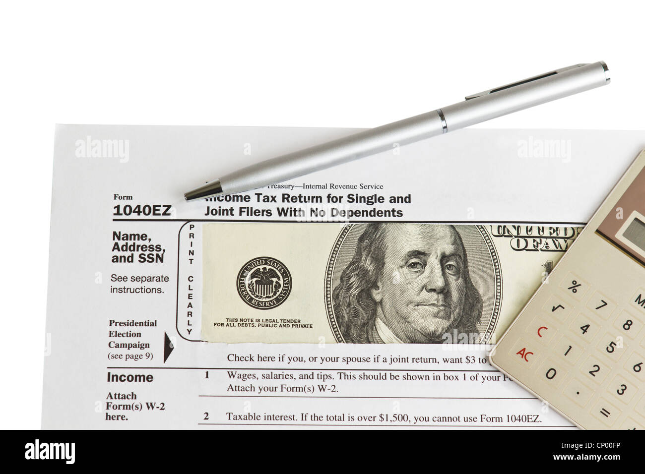 Tax form with paper money, silver pen, calculator on white background ...