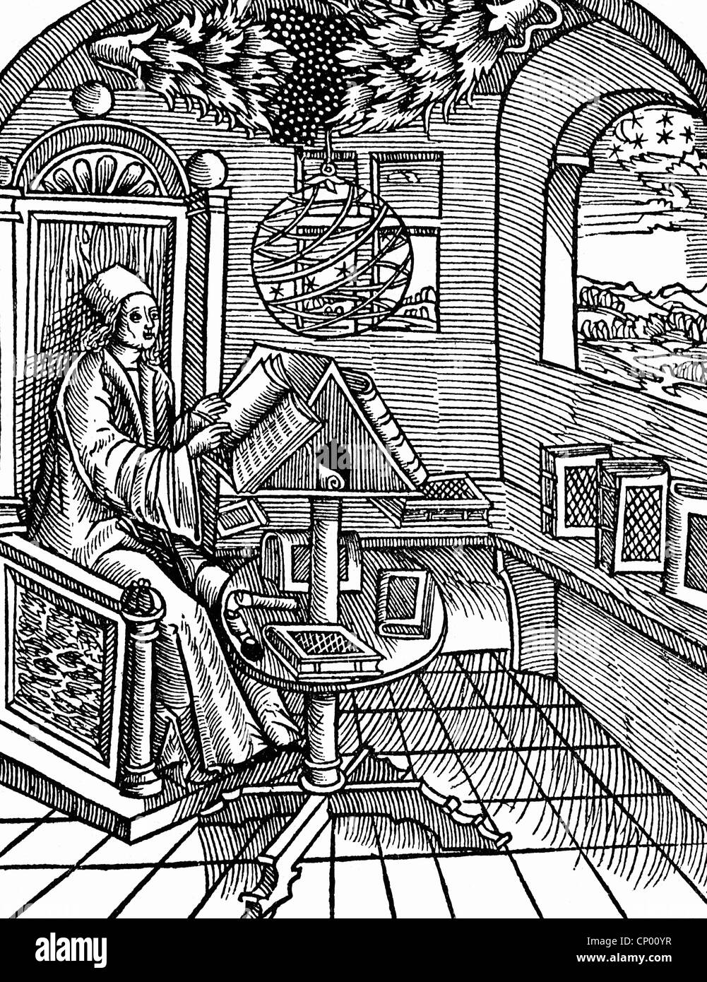 science, academic, scholar in study room, woodcut, circa 1500 Stock ...