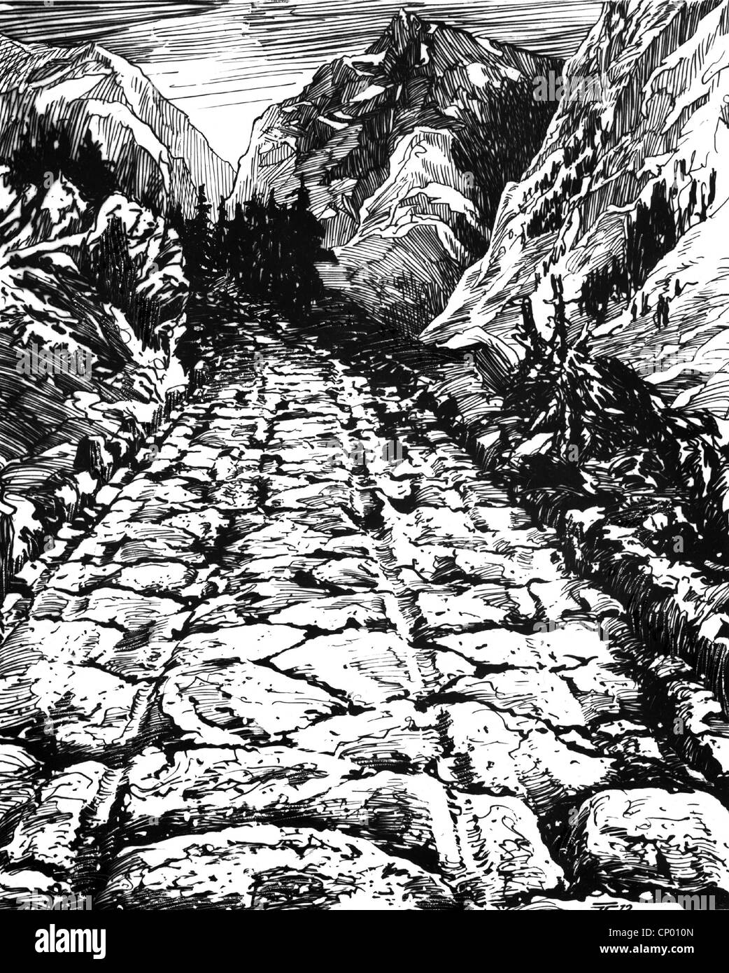 transport / transportation, ancient Roman road in the Alps ...