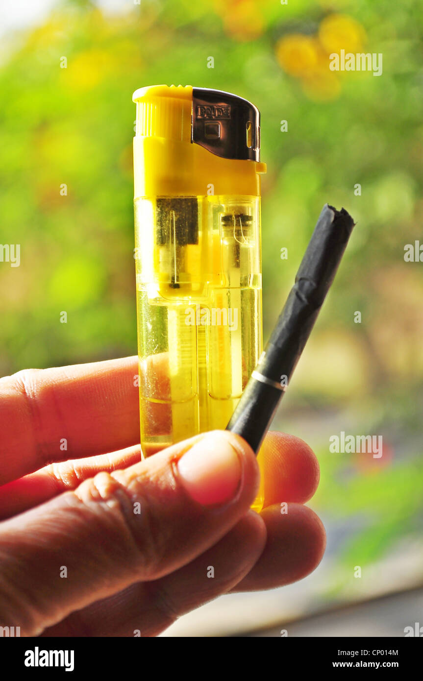Human hand holding lighter and black cigarette Stock Photo - Alamy