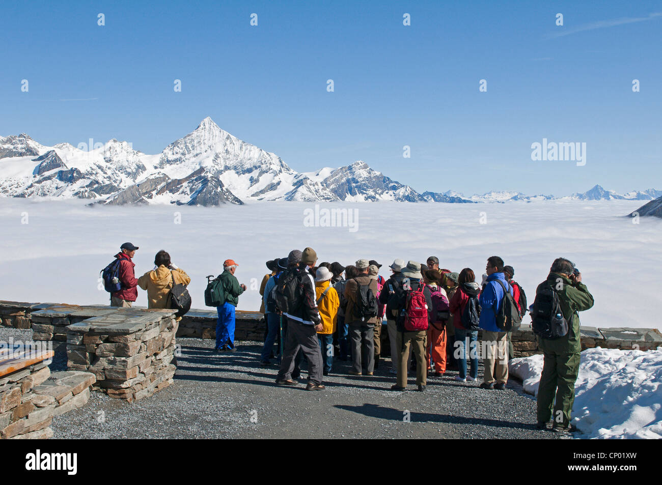 tourists on Gornergrat summit, Matterhorn in background, Switzerland ...