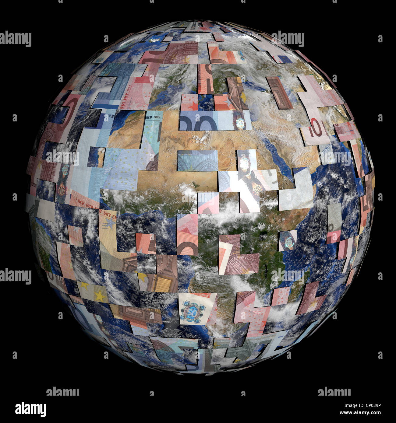 earth partially covered by Euros sphere illustration Stock Photo - Alamy