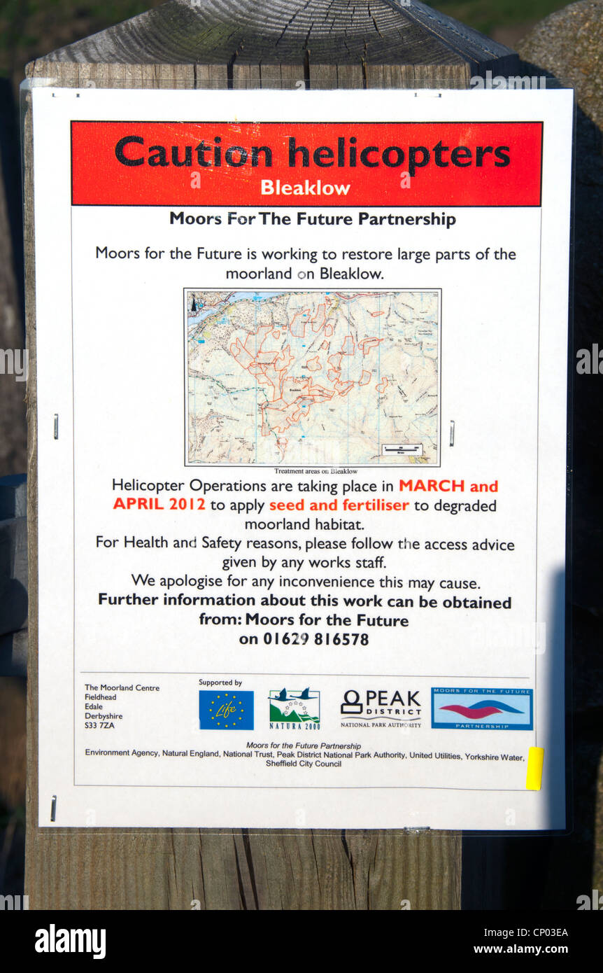 Helicopter warning sign on a path leading to Bleaklow Hill, near ...