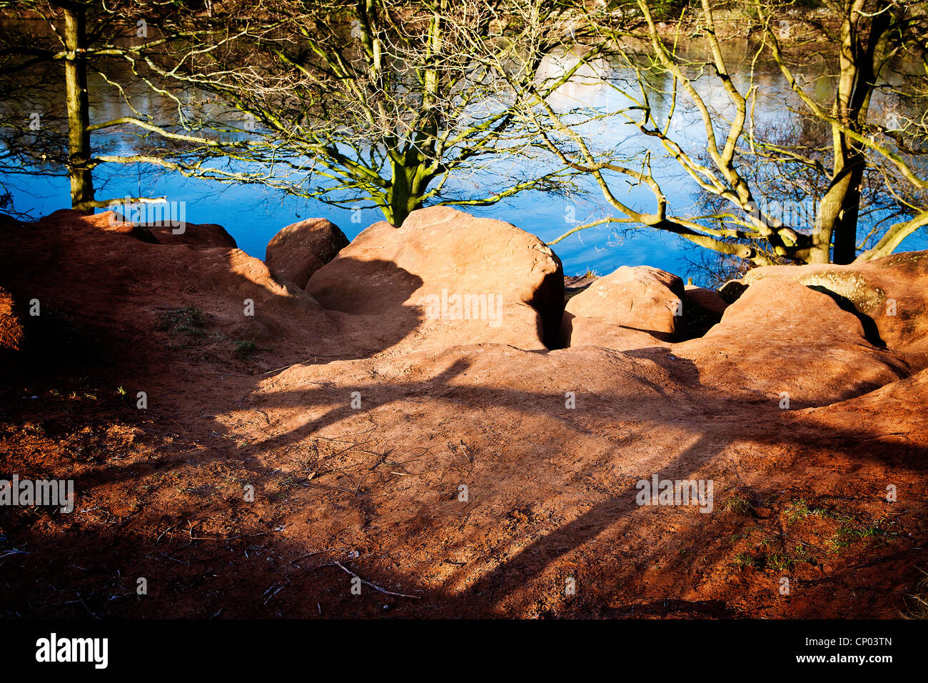 Picture taken at Lymm Dam showing exposed sandstone rock called the ...