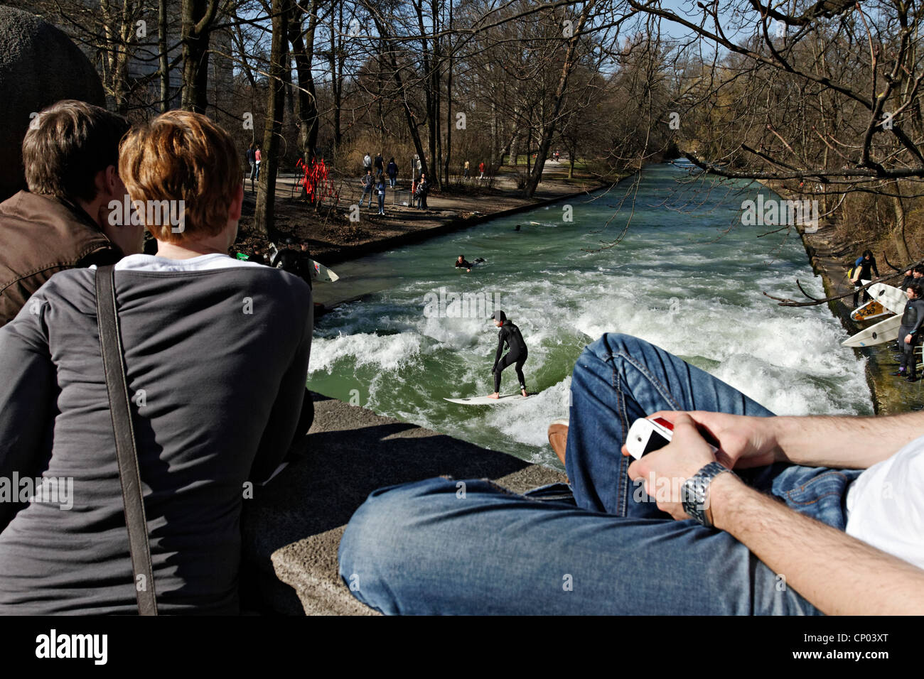 Surfing at the Eisbach, Munich Upper Bavaria Germany Stock Photo - Alamy
