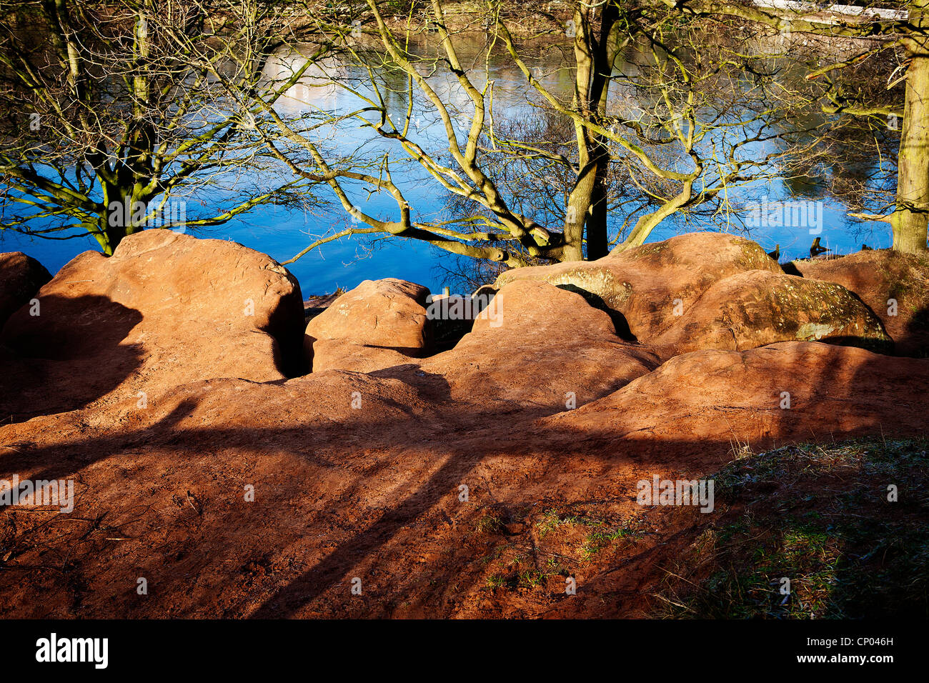 Picture taken at Lymm Dam showing exposed sandstone rock called the ...