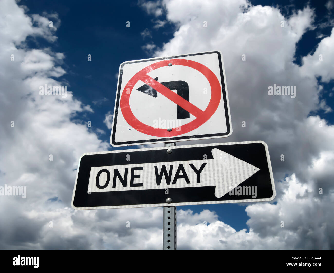 Traffic sign One Way no left turn Stock Photo - Alamy