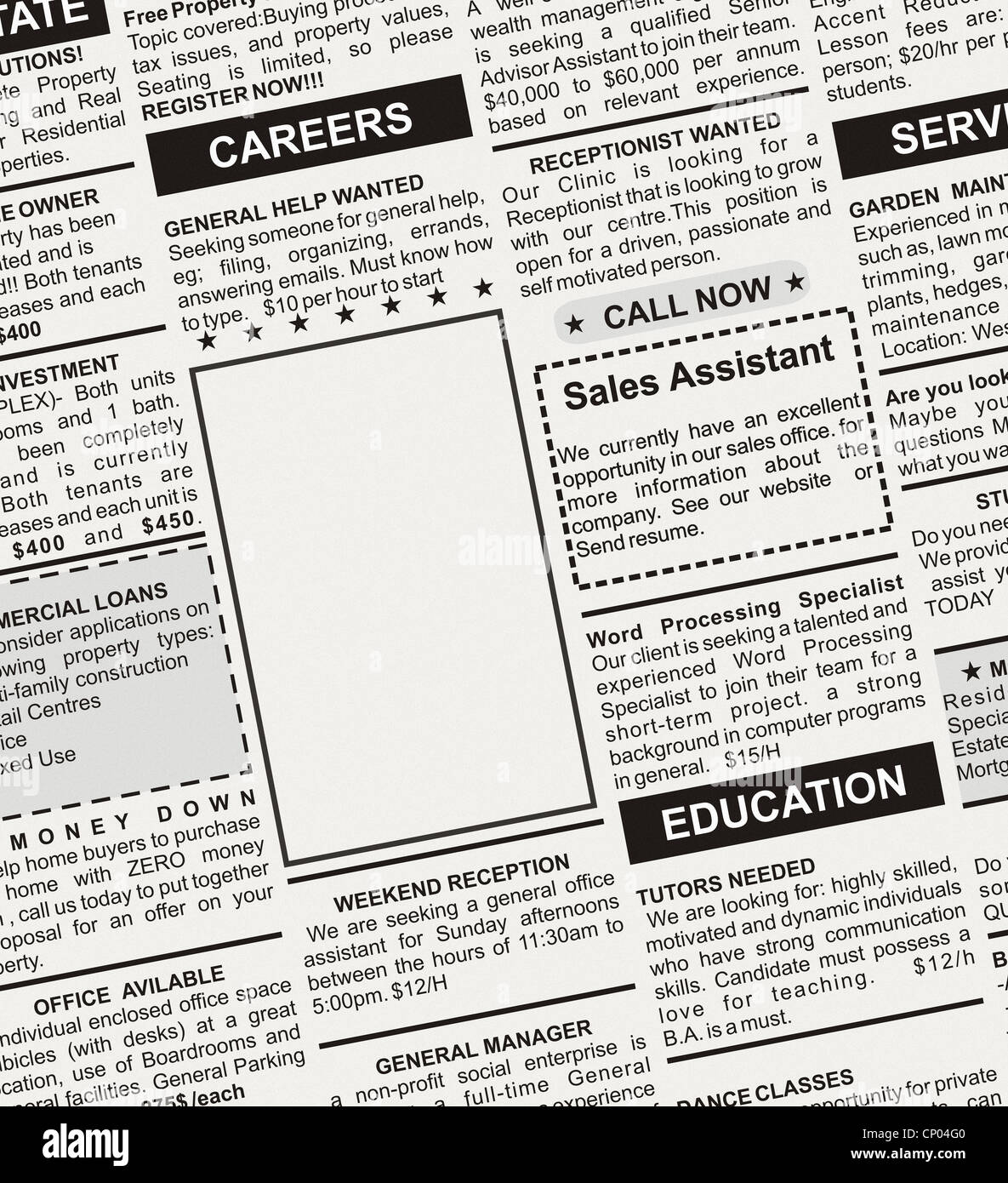 Fake Classified Ad, newspaper, business concept Stock Photo - Alamy