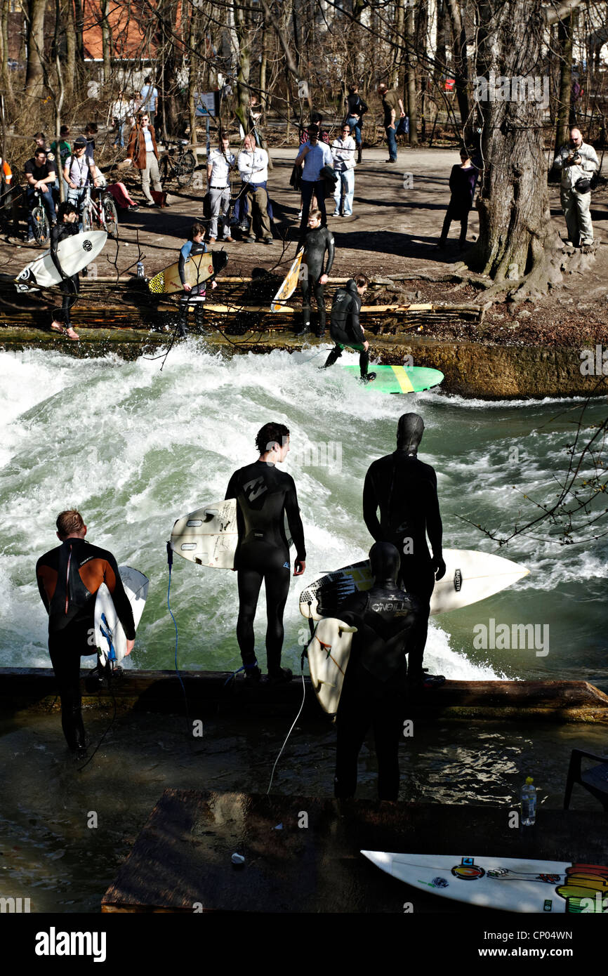 Surfing at the Eisbach, Munich Upper Bavaria Germany Stock Photo - Alamy