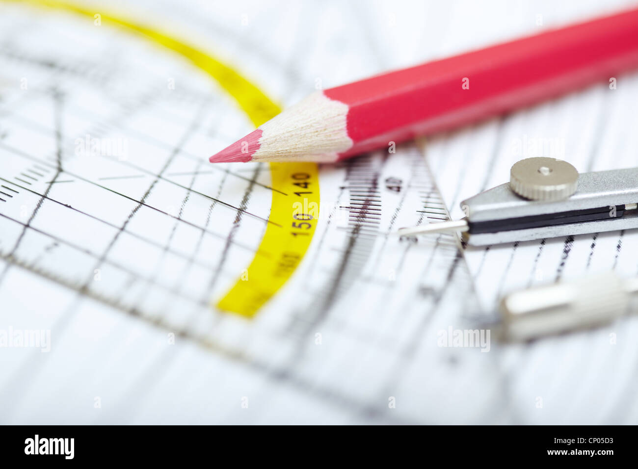 Scheme with compasses rulers and pencil. Close-up photo Stock Photo - Alamy