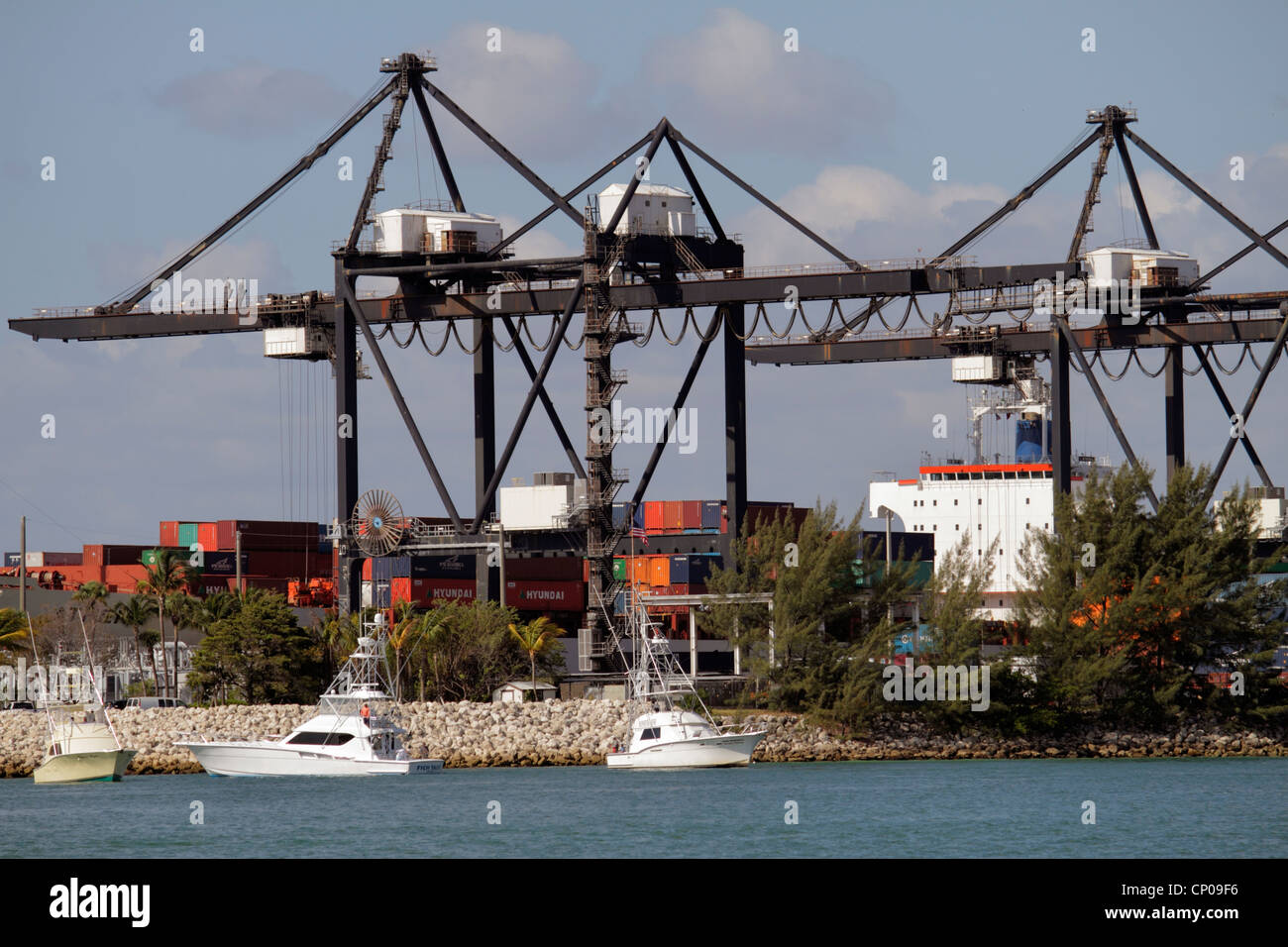 Miami Florida,Biscayne Bay water,Port of Miami,cranes,cargo container ...