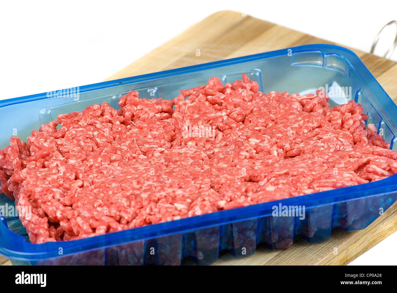 fresh raw beef mince in plastic container over wooden board Stock Photo ...