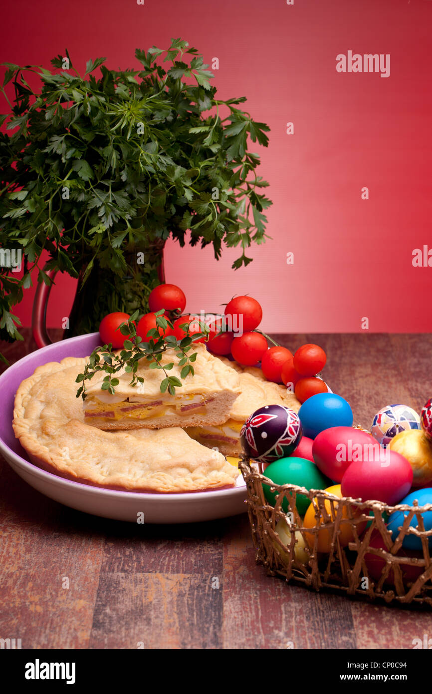Easter Eggs And Pizza Rustica Stock Photo - Alamy