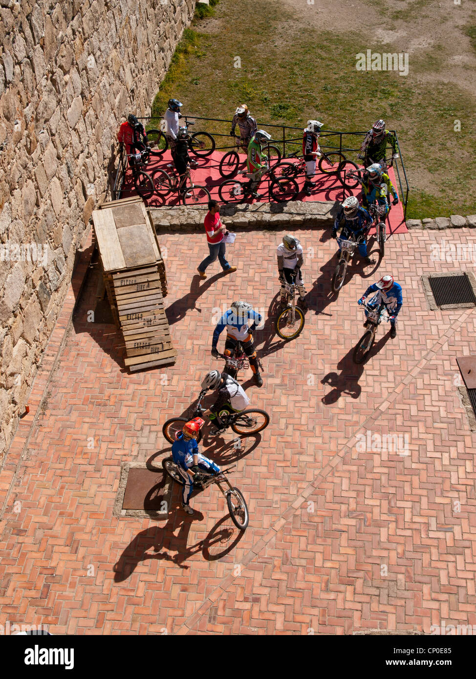Aerial view of bike riders before a ride contest Stock Photo - Alamy