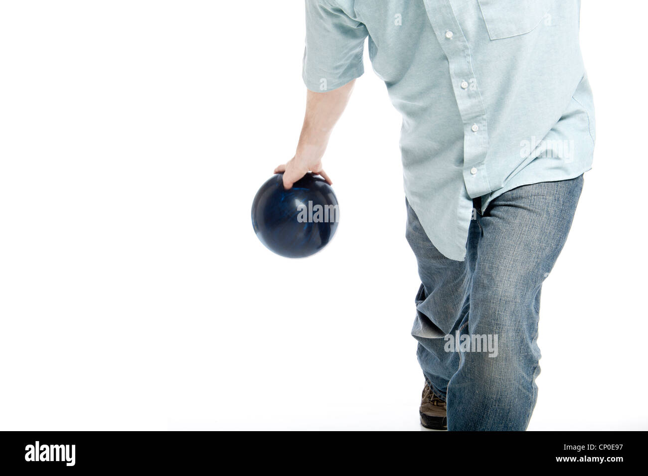 bowler throwing a blue marbled bowling ball isolated on white Stock ...