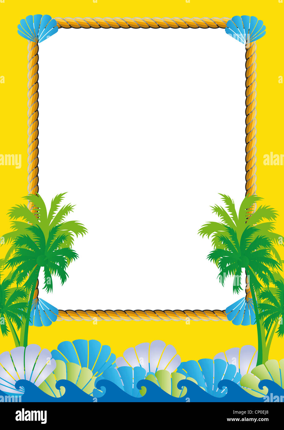 Exotic yellow frame with sea, palms and shells Stock Photo - Alamy