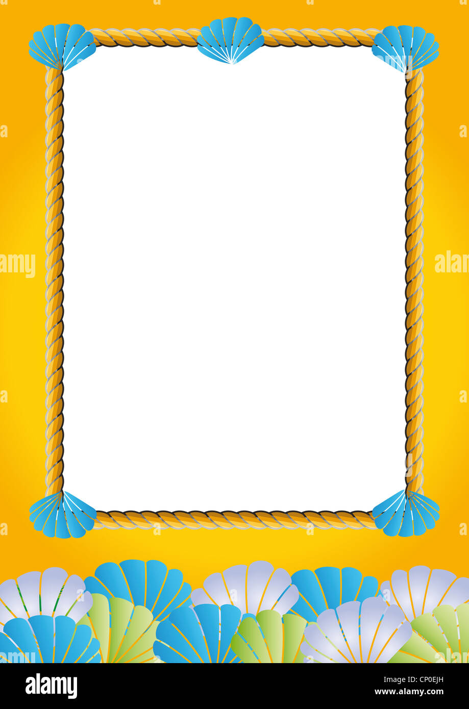 Cute yellow frame with colorful shells Stock Photo - Alamy