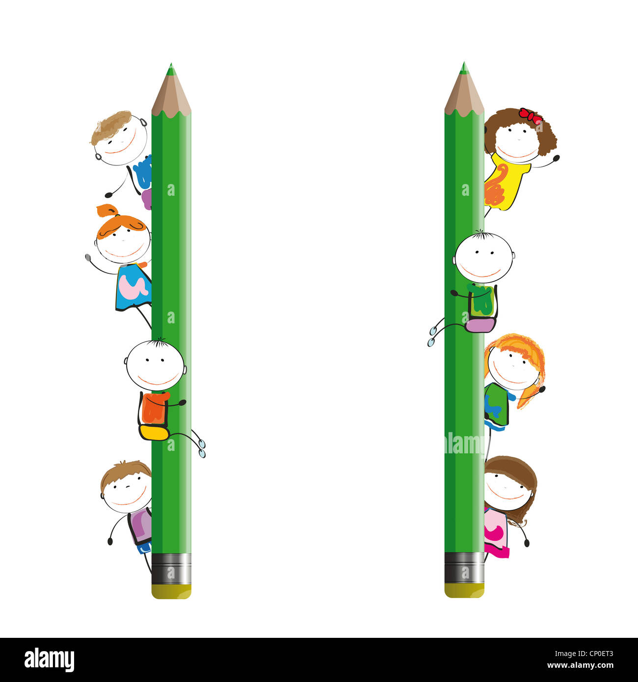 Happy kids and colorful banner with crayons Stock Photo - Alamy