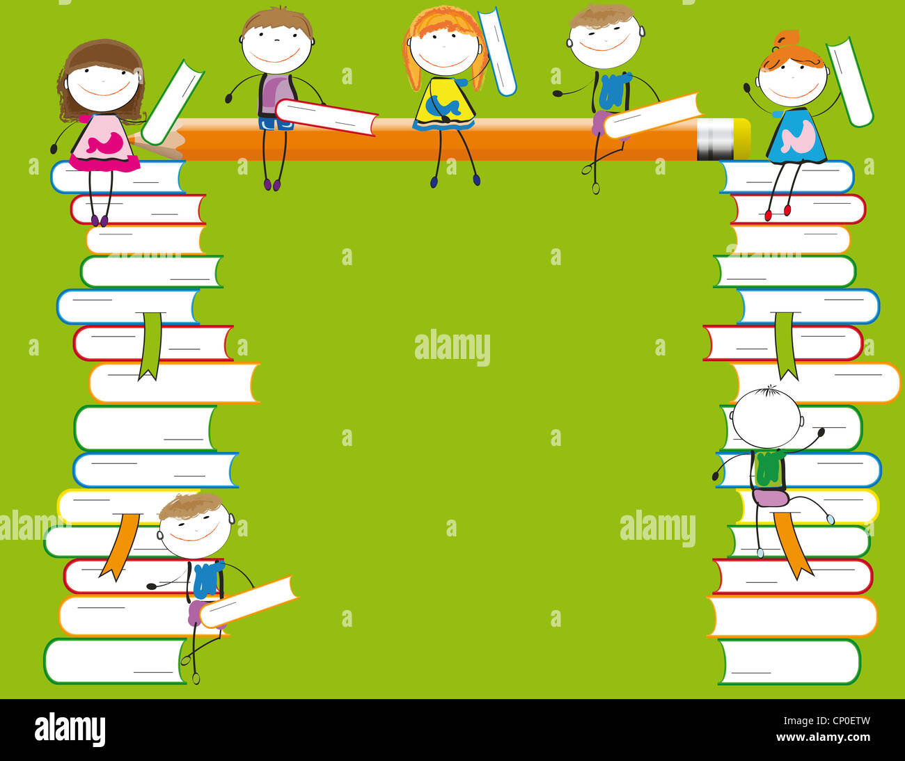 Happy colorful kids on many colorful books Stock Photo - Alamy