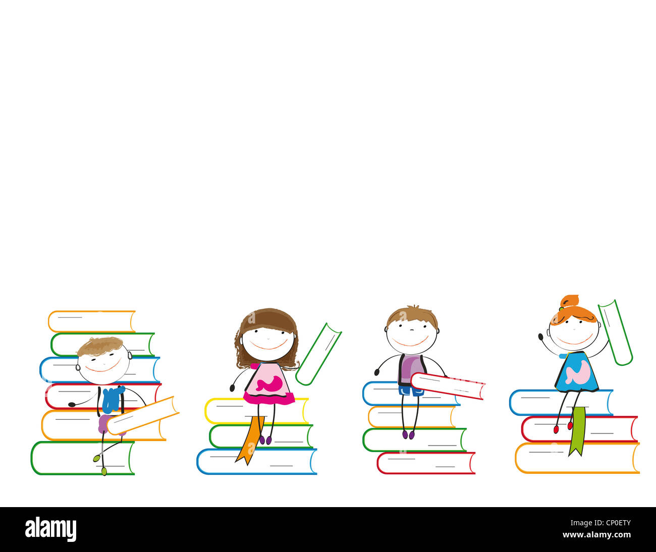 Happy colorful kids on many colorful books Stock Photo - Alamy