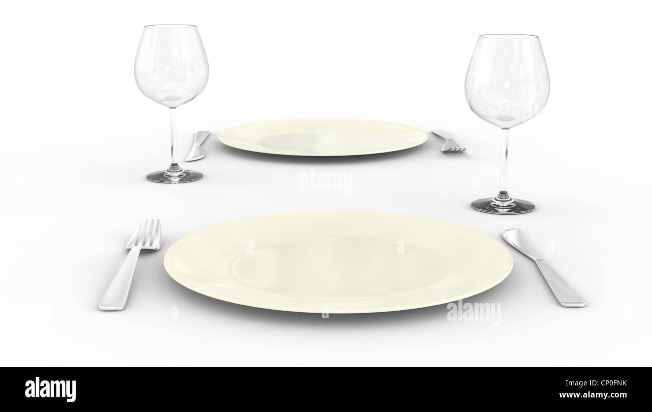 Two plates, cutlery and wine glasses in white background Stock Photo ...
