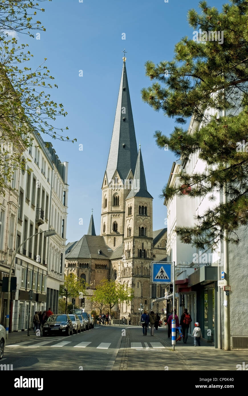 Center of Bonn, street and view on Minster, one of the oldest churches in Germany, emblem of the ...