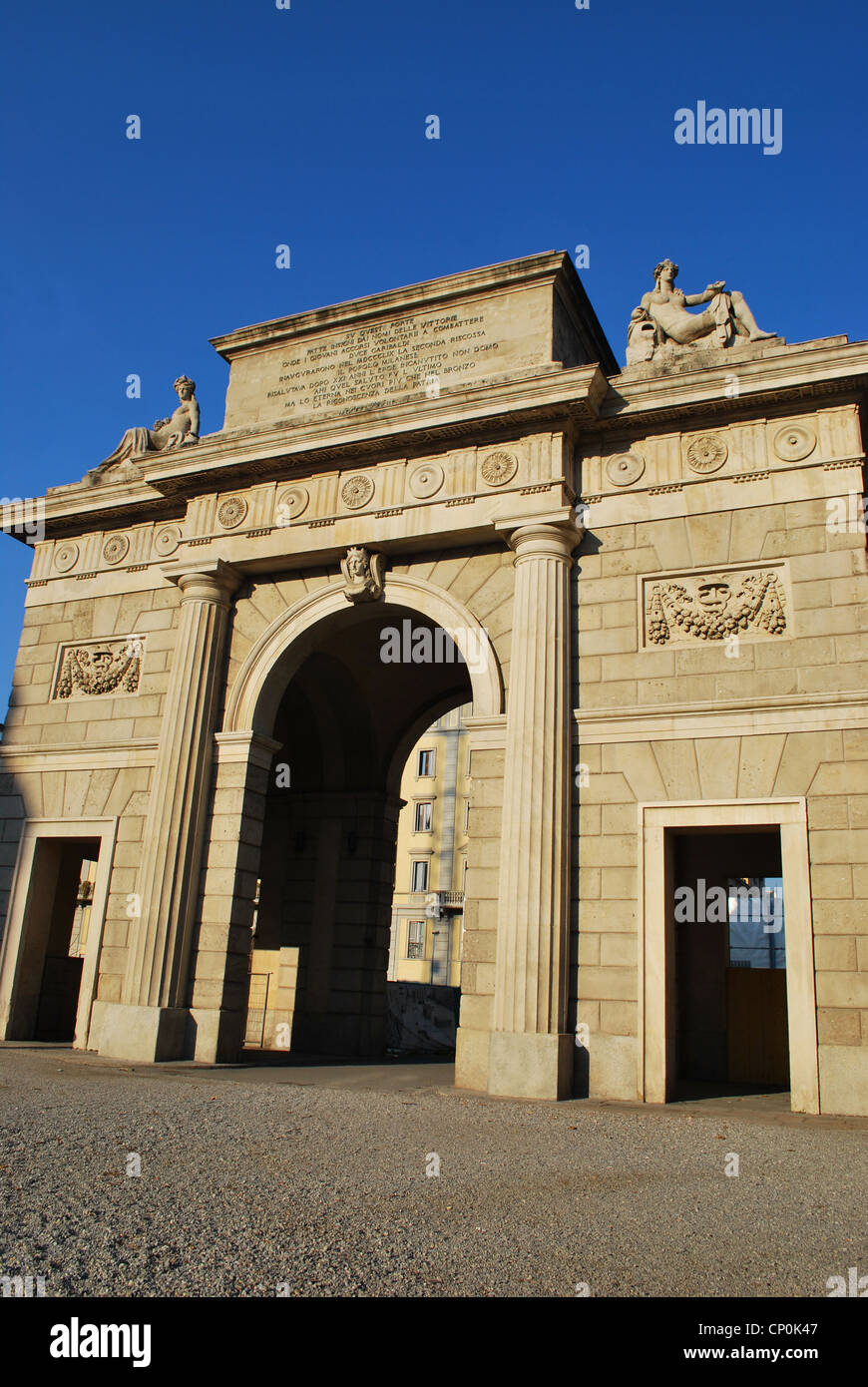 Ancient city entrance Porta Garibaldi gate on blue sky, Milan, Lombardy ...