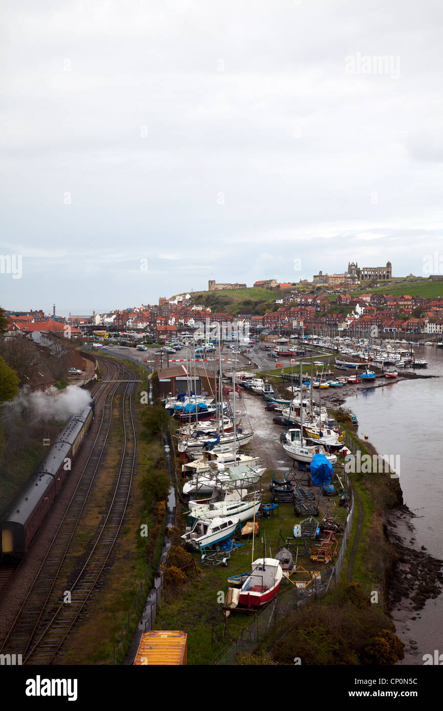 Overview of Whitby marina, harbor, harbour, with the Abbey high above ...